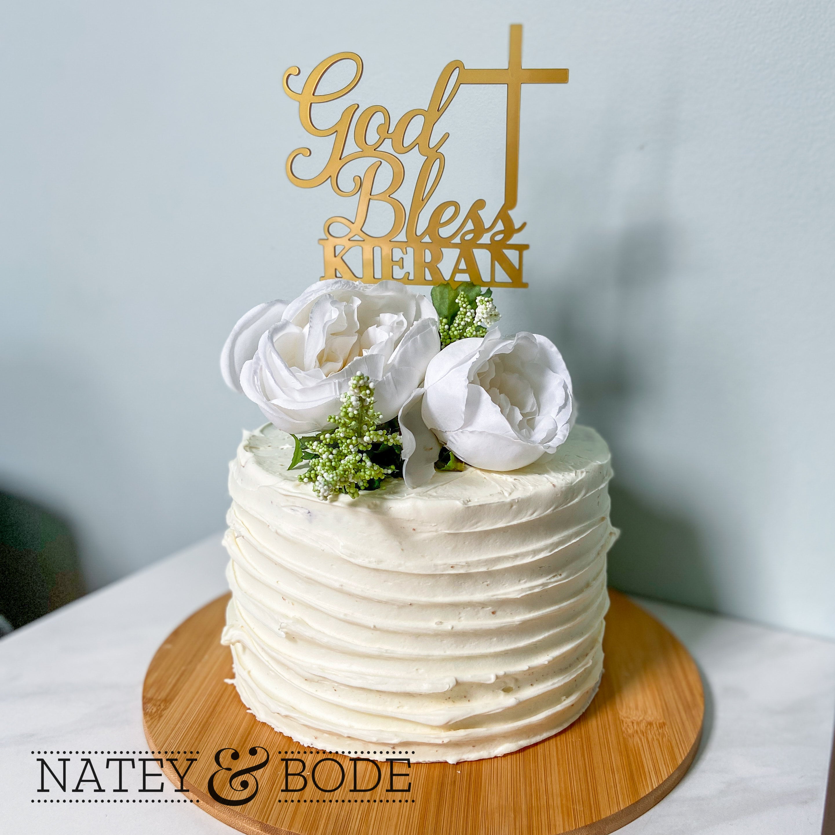 Custom acrylic God Bless personalized cake topper | Natey and Bode
